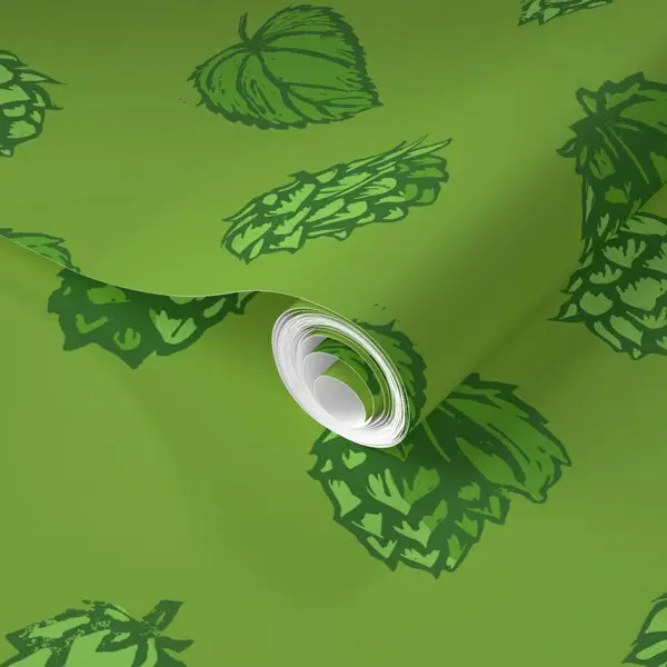 Spoonflower Polka Dots Hops Beer Leaves Botanical Block Custom Removable Wallpaper - Green