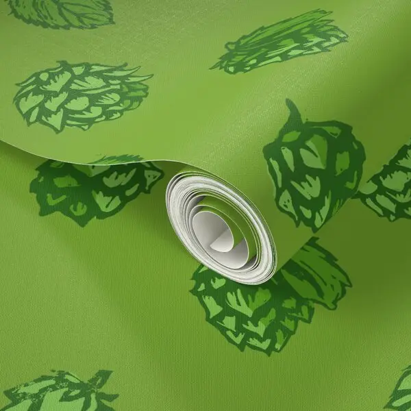 Spoonflower Polka Dots Hops Beer Leaves Botanical Block Custom Removable Wallpaper - Green