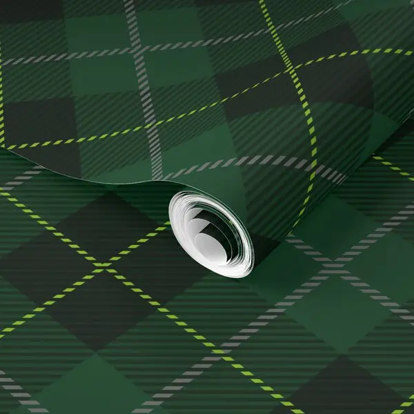 Spoonflower Large Dark Plaid Seasonal Christmas Tartan Custom Pre-pasted Wallpaper - Green