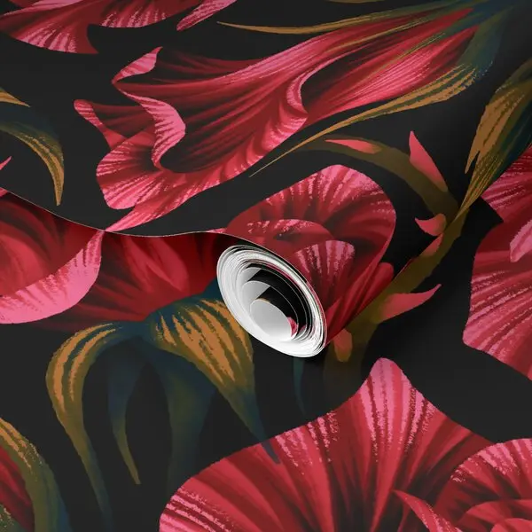 Spoonflower Victorian Roses Flower Green Leaves Bloom Red Custom Pre-pasted Wallpaper - Red,green