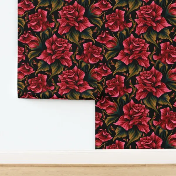 Spoonflower Victorian Roses Flower Green Leaves Bloom Red Custom Pre-pasted Wallpaper - Red,green