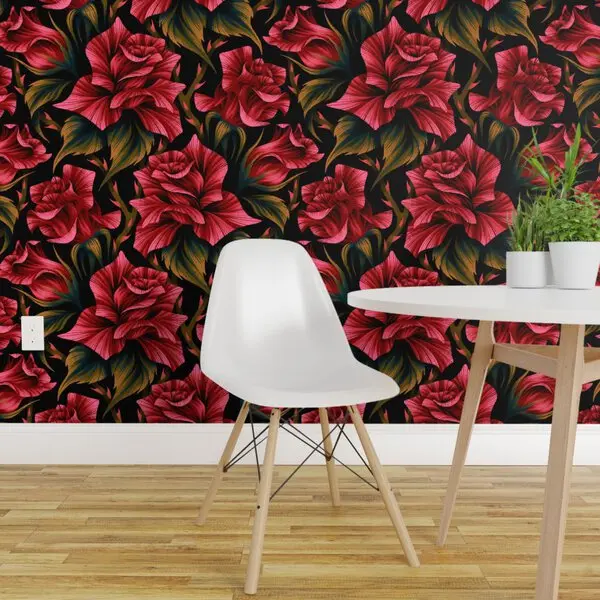 Spoonflower Victorian Roses Flower Green Leaves Bloom Red Custom Pre-pasted Wallpaper - Red,green