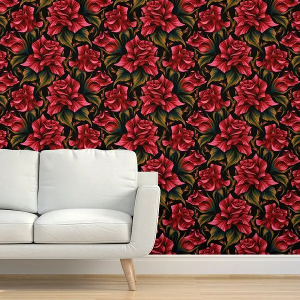 Spoonflower Victorian Roses Flower Green Leaves Bloom Red Custom Pre-pasted Wallpaper - Red,green