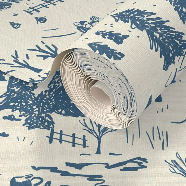 Spoonflower Fun In The Winter Toile Large Scale Blue And Cream 100% Natural Sisal Grasscloth Wallcovering - Blue,navy