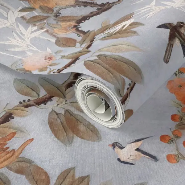 Spoonflower Chinoiserie Vintage Dusty Sky Floral Birds Custom Pre-pasted Wallpaper - Blue