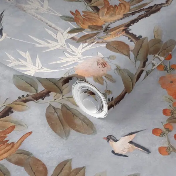 Spoonflower Chinoiserie Vintage Dusty Sky Floral Birds Custom Pre-pasted Wallpaper - Blue