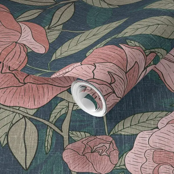 Spoonflower Victorian Peony Pink Blue Botanical Peonies Custom Pre-pasted Wallpaper - Pink,green,blue