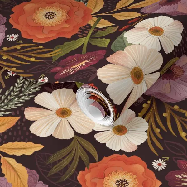 Spoonflower Autumn Flowers Roses White Vintage Colourful Peony Custom Pre-pasted Wallpaper - White,purple,orange