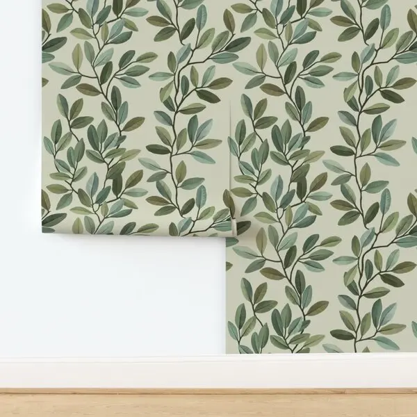 Spoonflower Olive Branches Leaves Sage Earth Tones Custom Pre-pasted Wallpaper - Green