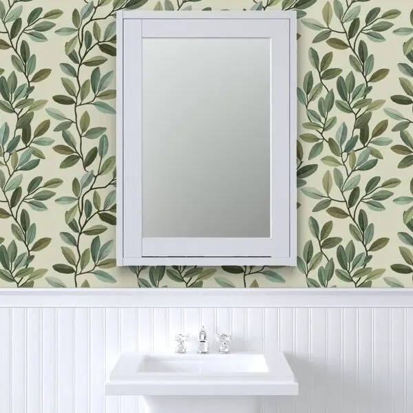 Spoonflower Olive Branches Leaves Sage Earth Tones Custom Pre-pasted Wallpaper - Green