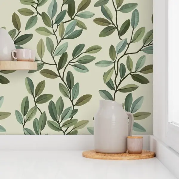 Spoonflower Olive Branches Leaves Sage Earth Tones Custom Pre-pasted Wallpaper - Green