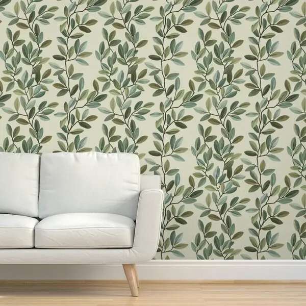 Spoonflower Olive Branches Leaves Sage Earth Tones Custom Pre-pasted Wallpaper - Green