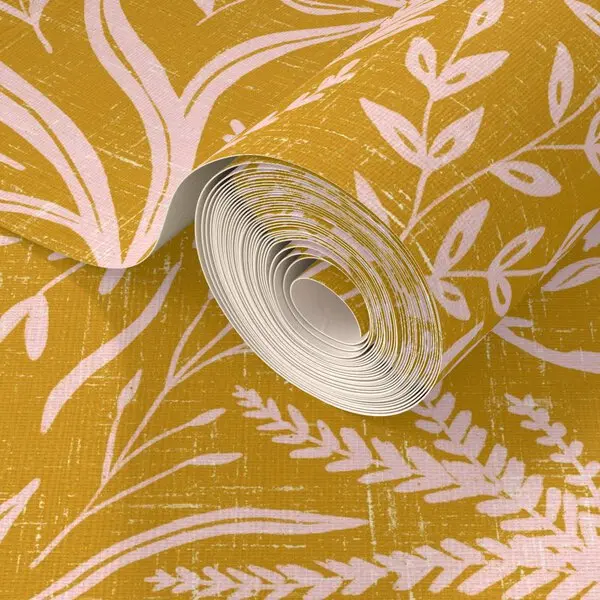 Spoonflower Gabriella Mustard With Candy 100% Natural Sisal Grasscloth Wallcovering - Pink,yellow