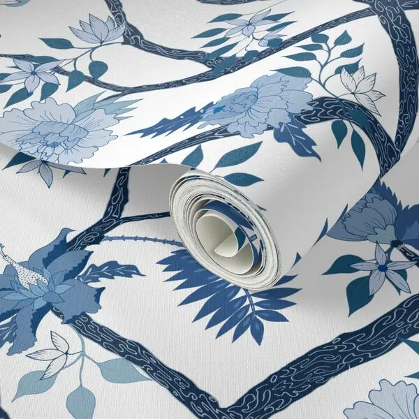 Spoonflower Floral Branch Peony Blue And White Chinoiserie Custom Removable Wallpaper - Blue,white,gray