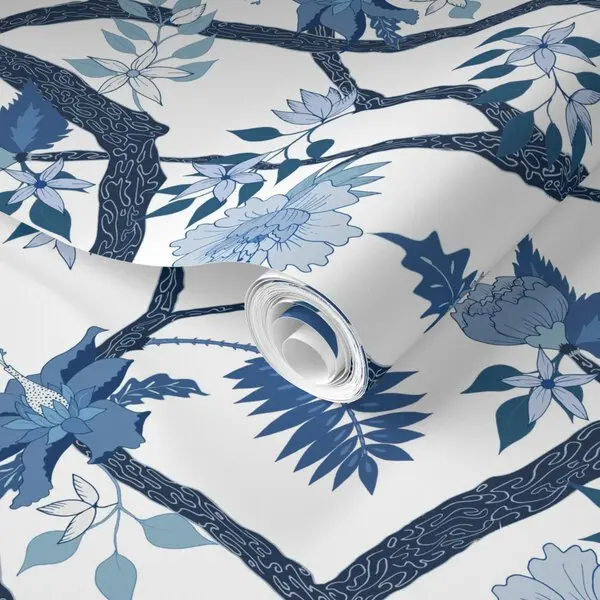 Spoonflower Floral Branch Peony Blue And White Chinoiserie Custom Removable Wallpaper - Blue,white,gray