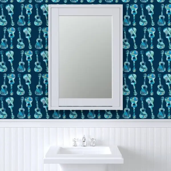 Spoonflower Ukulele Hawaiian Watercolor Music Island Custom Removable Wallpaper - Blue