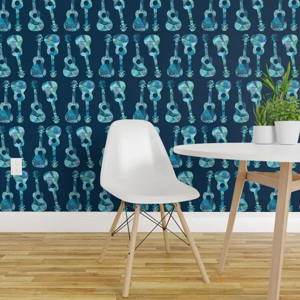 Spoonflower Ukulele Hawaiian Watercolor Music Island Custom Removable Wallpaper - Blue