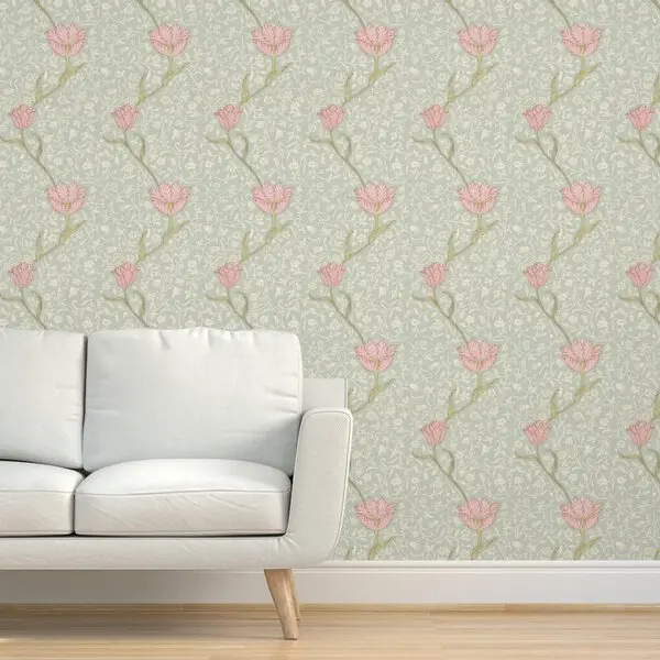 Spoonflower Garden Tulips Lt Palette 100% Natural Sisal Grasscloth Wallcovering - Pink,green