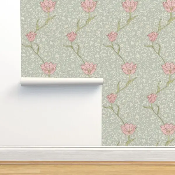 Spoonflower Garden Tulips Lt Palette 100% Natural Sisal Grasscloth Wallcovering - Pink,green