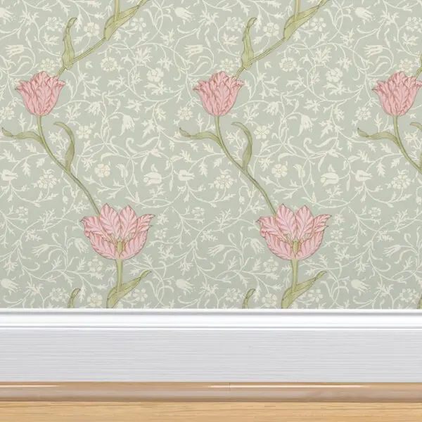 Spoonflower Garden Tulips Lt Palette 100% Natural Sisal Grasscloth Wallcovering - Pink,green
