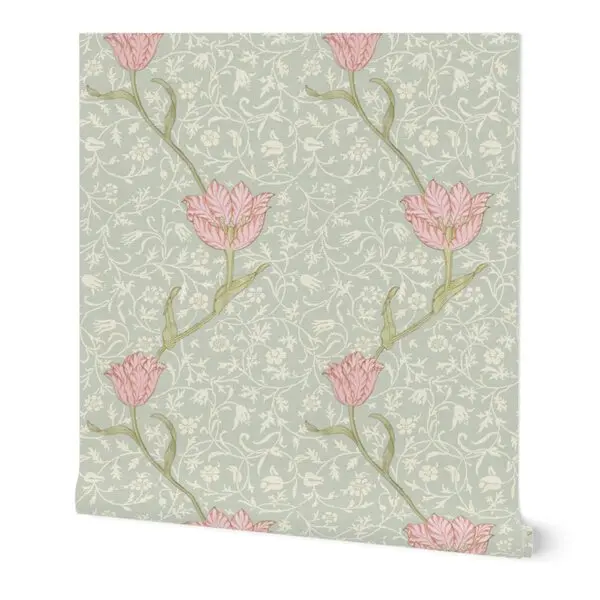 Spoonflower Garden Tulips Lt Palette 100% Natural Sisal Grasscloth Wallcovering - Pink,green