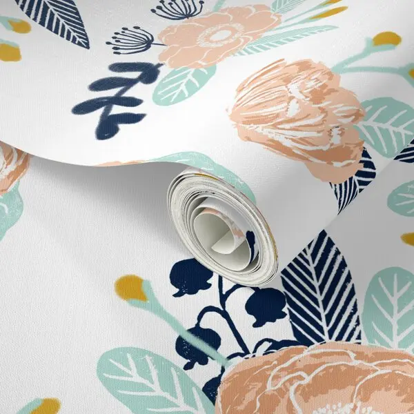 Spoonflower Florals Peach Navy Blue Mint Gold Flowers Painted Custom Removable Wallpaper - Pink,blue,gray