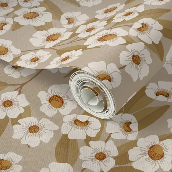 Spoonflower Cream Flowers Green Floral Woodland Tan Neutral Custom Pre-pasted Wallpaper - Beige,brown,green