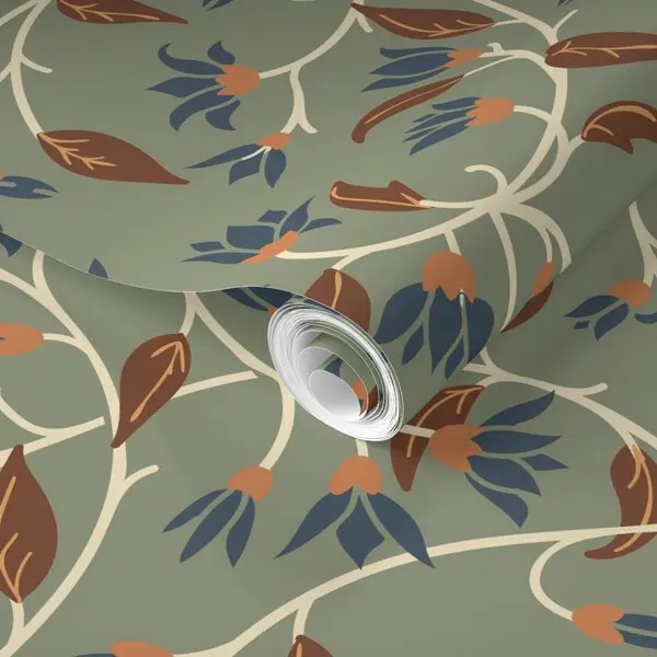 Spoonflower Australian Blue Bells Earth Tones Sage Custom Pre-pasted Wallpaper
