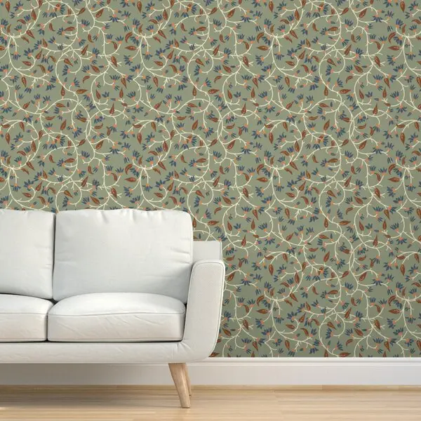 Spoonflower Australian Blue Bells Earth Tones Sage Custom Pre-pasted Wallpaper