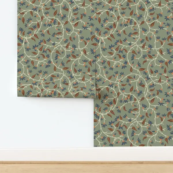 Spoonflower Australian Blue Bells Earth Tones Sage Custom Pre-pasted Wallpaper