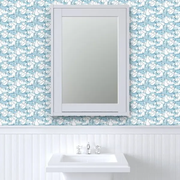Spoonflower Blue Birds Animals Bunny Winter Snow Cold Custom Removable Wallpaper - Blue,gray