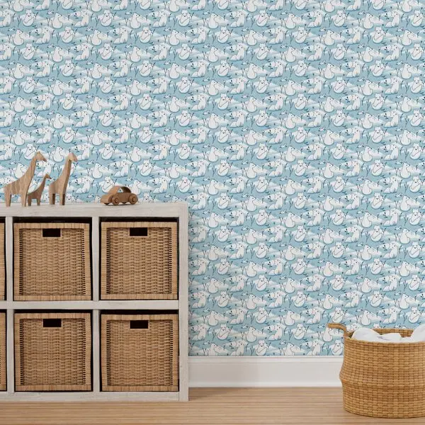 Spoonflower Blue Birds Animals Bunny Winter Snow Cold Custom Removable Wallpaper - Blue,gray