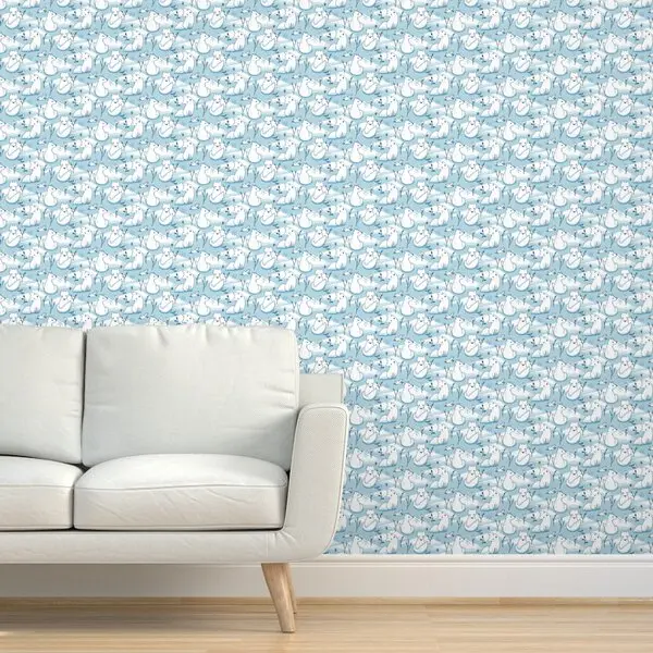 Spoonflower Blue Birds Animals Bunny Winter Snow Cold Custom Removable Wallpaper - Blue,gray