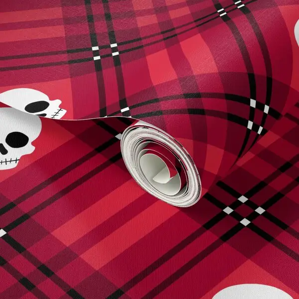 Spoonflower Skull Tartan Plaid Red Goth Gingham Halloween Custom Pre-pasted Wallpaper - Red,black