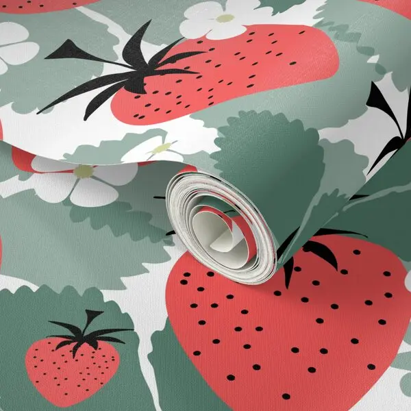 Spoonflower Strawberry Forever Leaves Food Strawberries Red Traditional Wallpaper - Red,green,gray