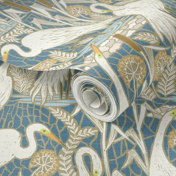 Spoonflower Cranes Coastal Blue Cream Nature Birds Gray Trendy Custom Pre-pasted Wallpaper - Beige,blue,gray