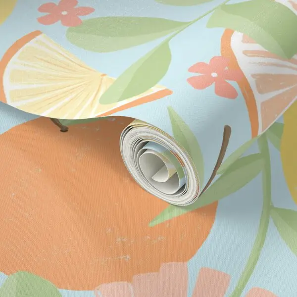 Spoonflower Citrus Flowers Spring Summer Oranges Lemons Custom Pre-pasted Wallpaper - Blue,orange