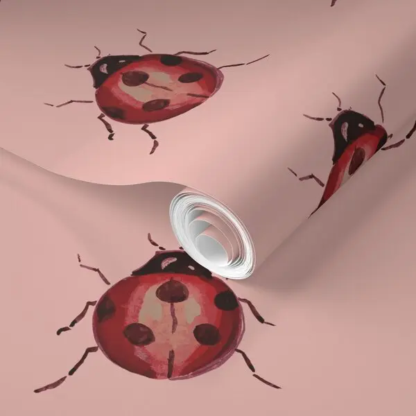 Spoonflower Lady Bug Pink Red Nature Garden Spring Polka Dot Custom Pre-pasted Wallpaper - Red,pink
