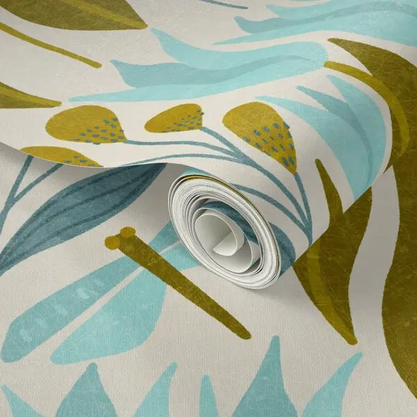 Spoonflower Blue Flowers Butterfly Elegant Garden Springtime Custom Pre-pasted Wallpaper - Blue,green