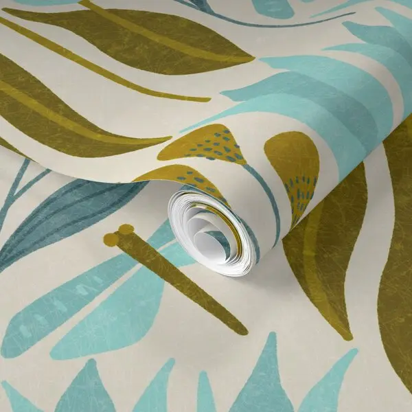 Spoonflower Blue Flowers Butterfly Elegant Garden Springtime Custom Pre-pasted Wallpaper - Blue,green