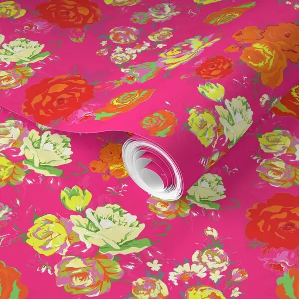 Spoonflower Hot Pink Roses Floral Vintage And Orange Neon Custom Pre-pasted Wallpaper - Yellow,pink,brown