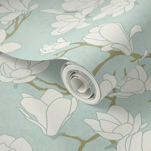 Spoonflower White Vintage Blue Flowers Floral Retro Branches Custom Pre-pasted Wallpaper - Blue,beige,white