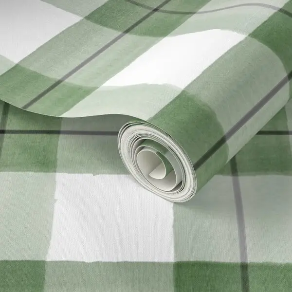 Spoonflower Watercolor Plaid Tartan Holiday Lines Grid Check Custom Removable Wallpaper - Green,white,gray