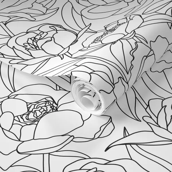 Spoonflower Peony Line Drawing Large White Flowers Black Custom Removable Wallpaper - Black,white,gray