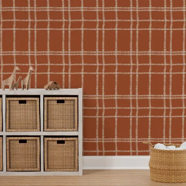 Spoonflower Plaid Classic White Burnt Orange Modern Custom Pre-pasted Wallpaper