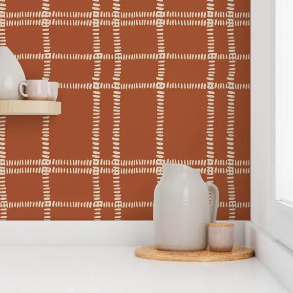 Spoonflower Plaid Classic White Burnt Orange Modern Custom Pre-pasted Wallpaper