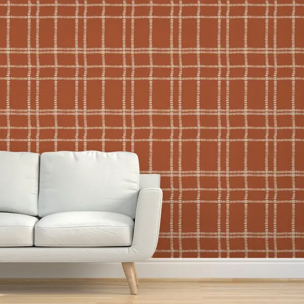 Spoonflower Plaid Classic White Burnt Orange Modern Custom Pre-pasted Wallpaper