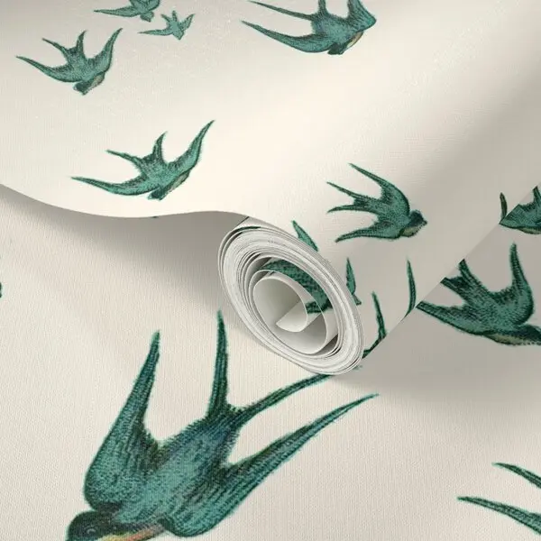 Spoonflower Swallows Vintage Birds Bird Illustration Ivory Custom Pre-pasted Wallpaper - Green,white