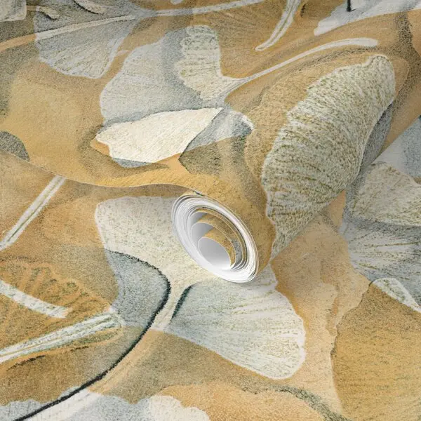 Spoonflower Large Yellow Leaves Blue Gray Plants Natural Custom Pre-pasted Wallpaper - Gold,beige,yellow