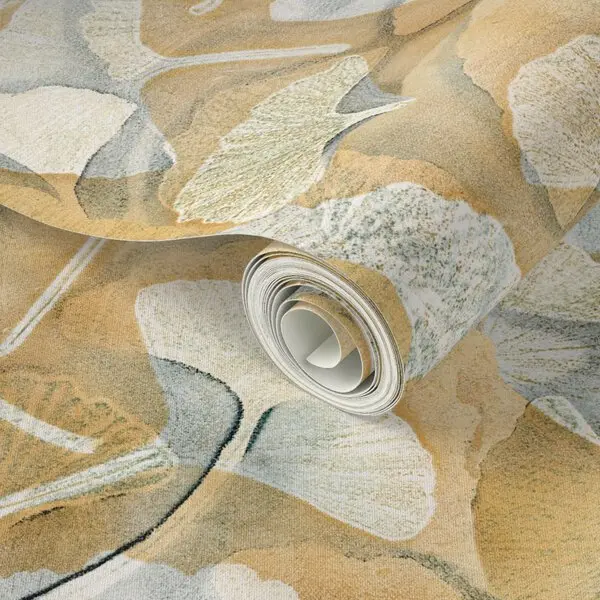 Spoonflower Large Yellow Leaves Blue Gray Plants Natural Custom Pre-pasted Wallpaper - Gold,beige,yellow